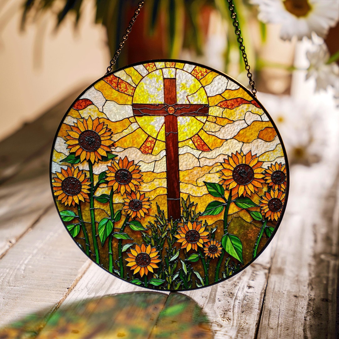 Sunflower Cross Scene Suncatcher Stained Glass Gift for Religious Mom ...