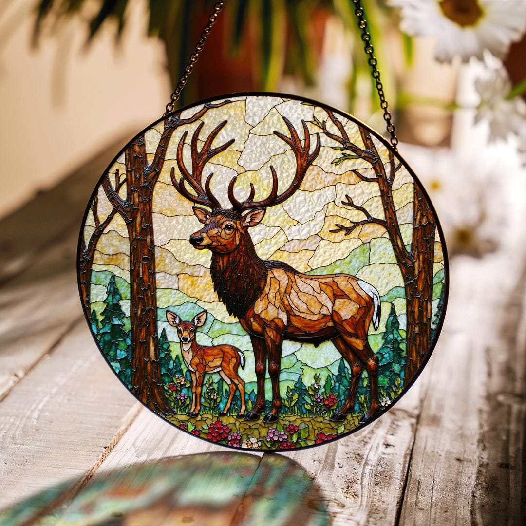 Forest Elk and Fawn Stained Glass Suncatcher Window Hanging Woodland ...