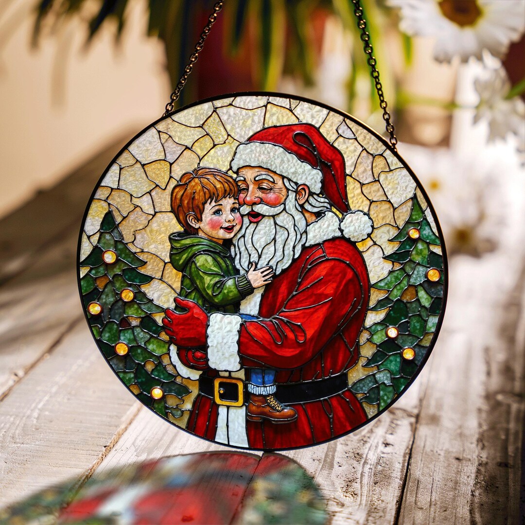 Santa Hugging Child Stained Glass Suncatcher Christmas Window Hanging ...