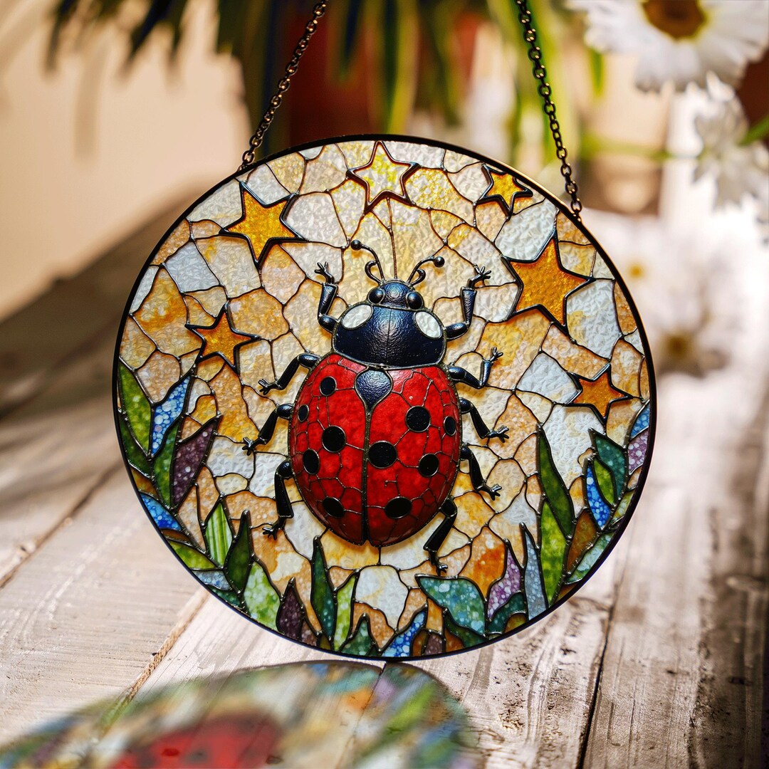 Ladybug Floral Glass Art Suncatcher Round Stained Window Decor Gift for ...