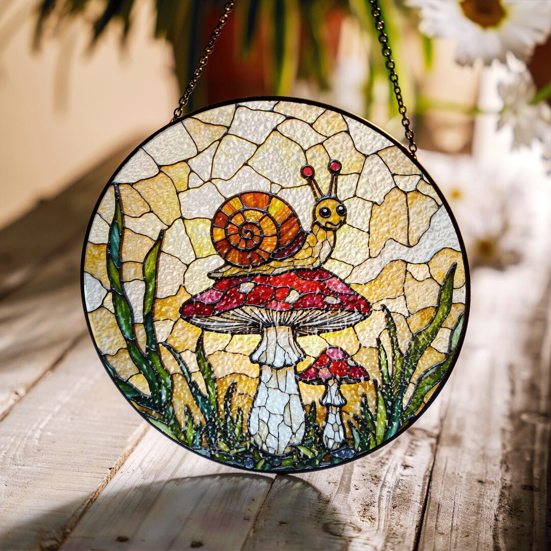 Snail and Mushroom Stained Glass Suncatcher Nature Art Gift for Garden ...