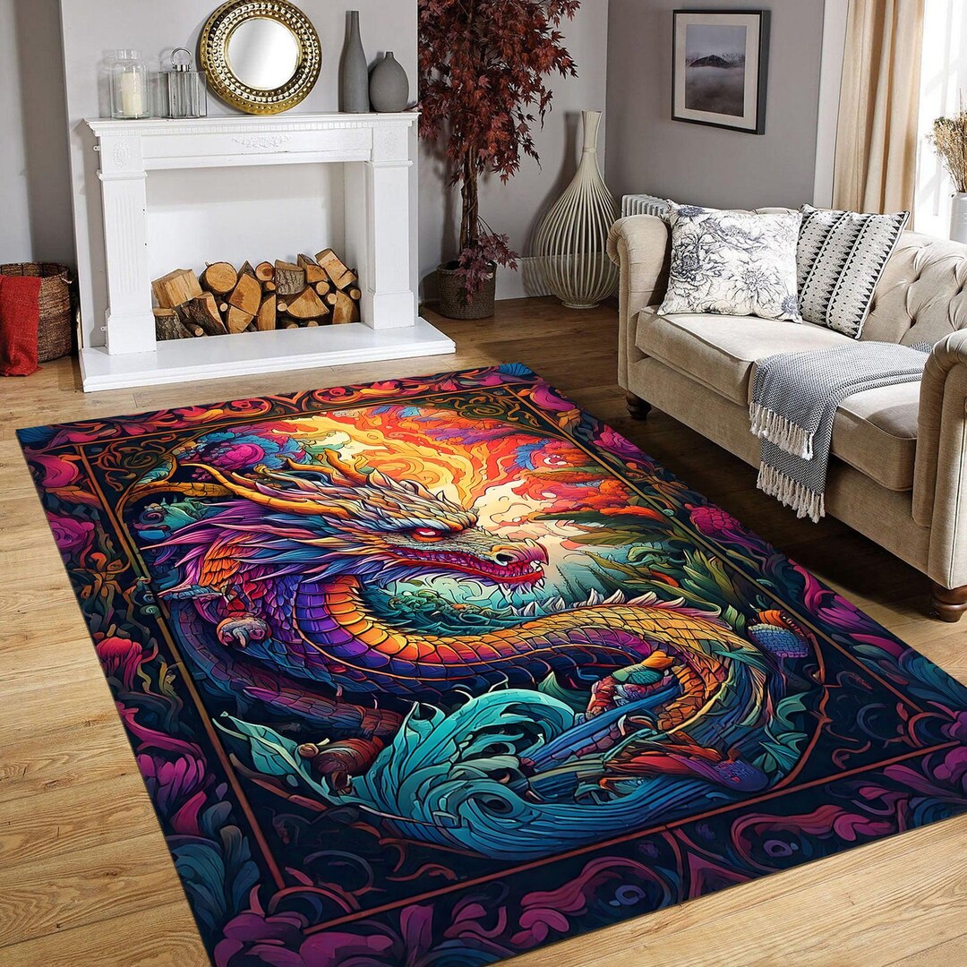 Mystical Medieval Dragon Rug, Dark Academia Fantasy Carpet, Enchanted ...