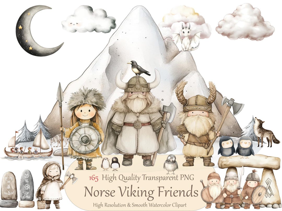 Cute Viking Clipart Norse Bundle - Cute Printable Watercolor Clipart ...
