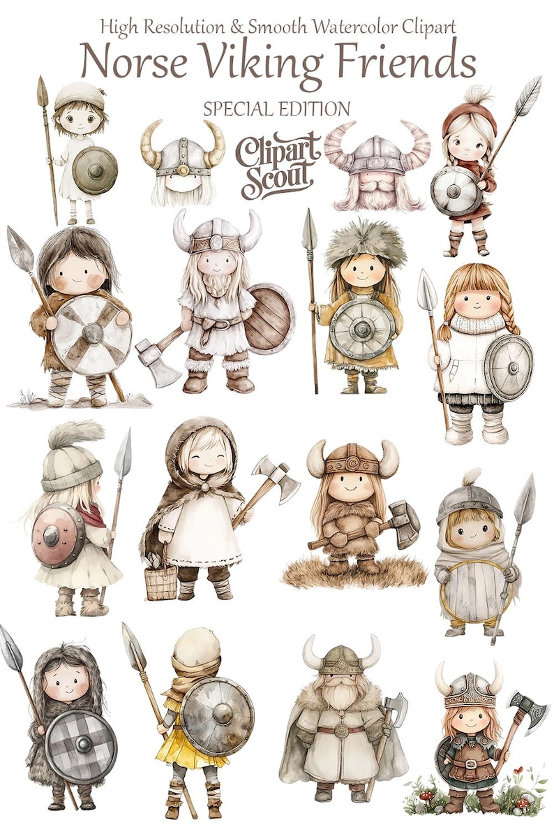 Cute Viking Clipart Norse Bundle - Cute Printable Watercolor Clipart ...
