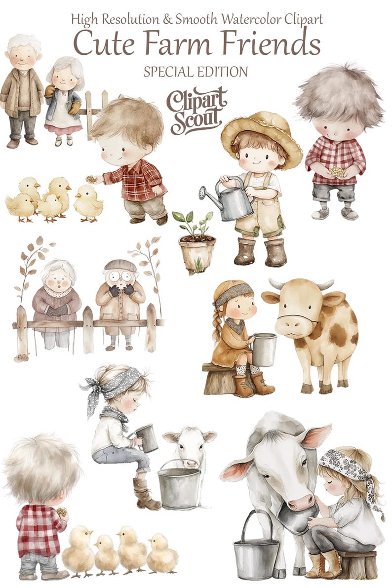 Cute Farm Clipart - Watercolor Farm Animals - Barn Clipart - Farmer ...