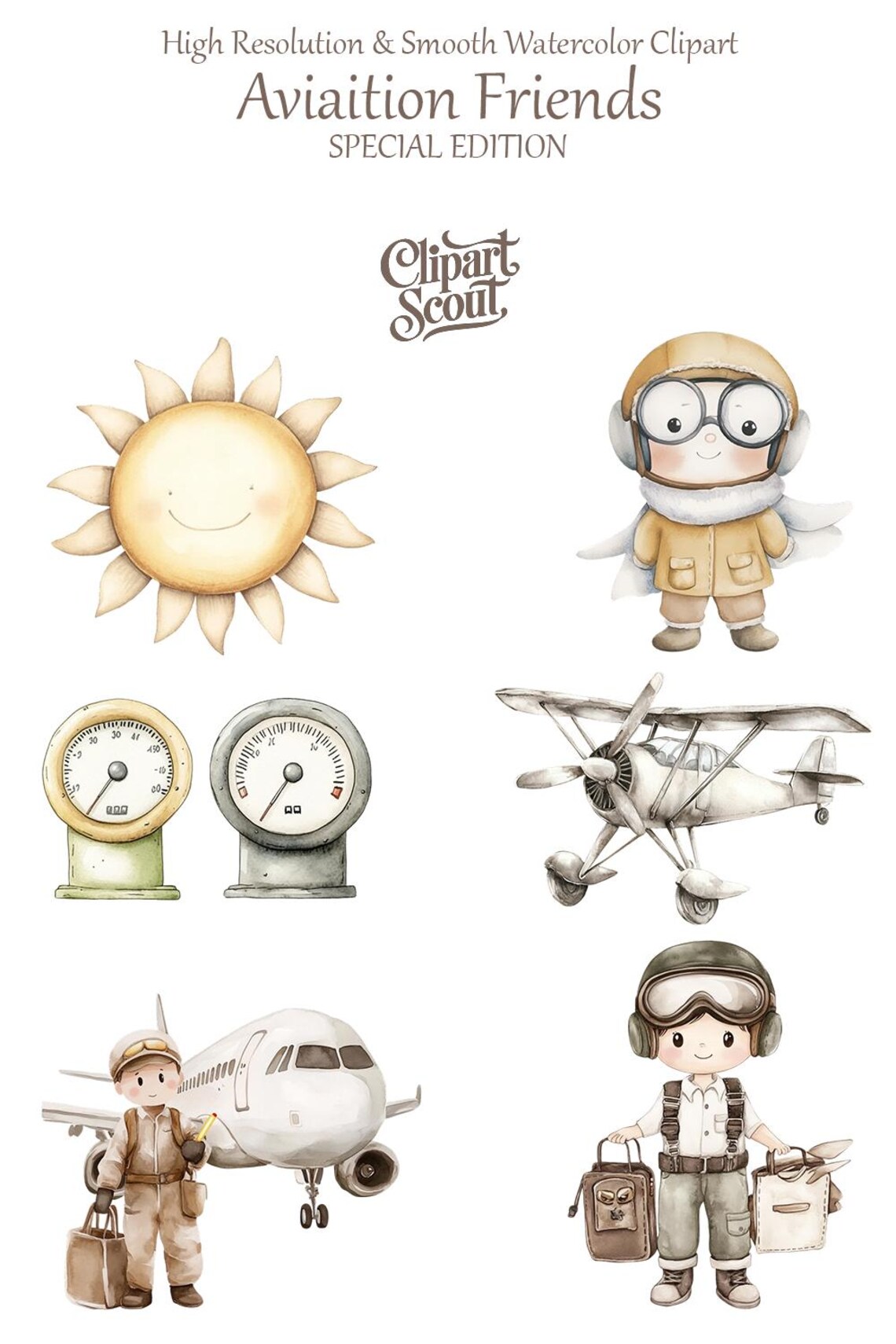 Cute Aviator Clipart - Watercolor Clipart - Airplane, Pilot, Clouds ...