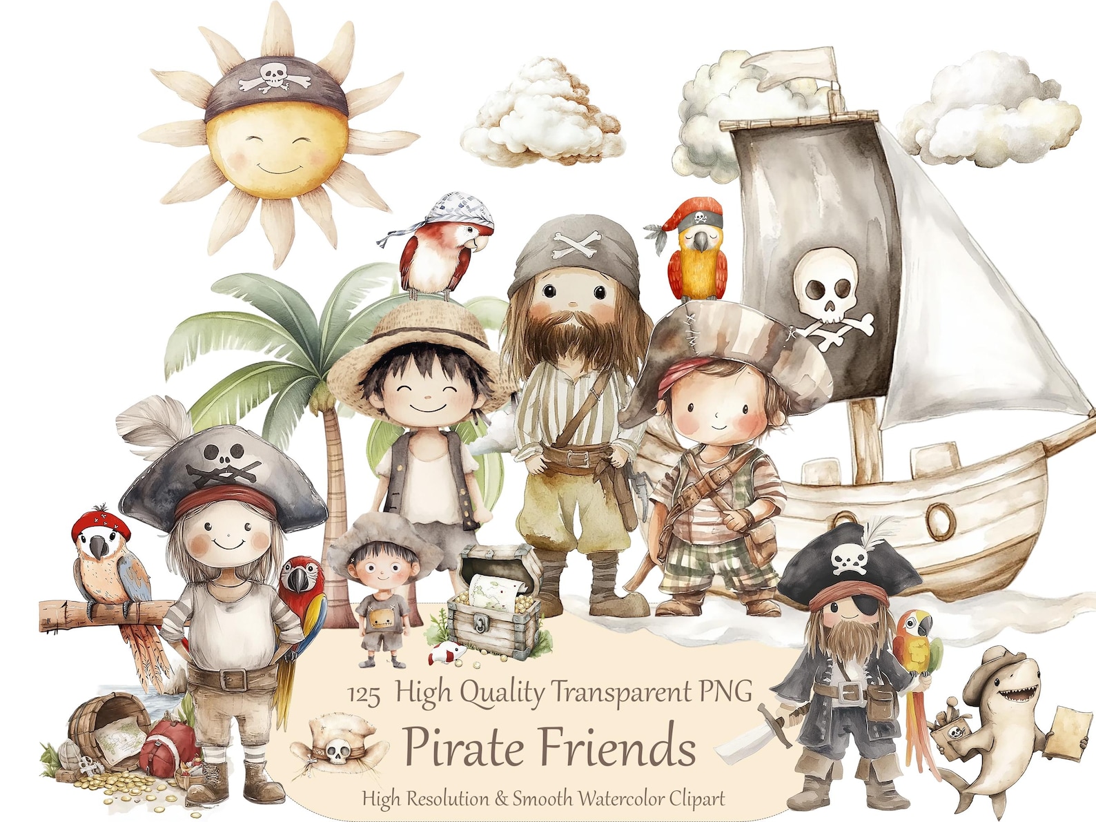 Cute Pirate Clipart Set, Watercolor Pirates Nursery Art, Pirate PNG for ...