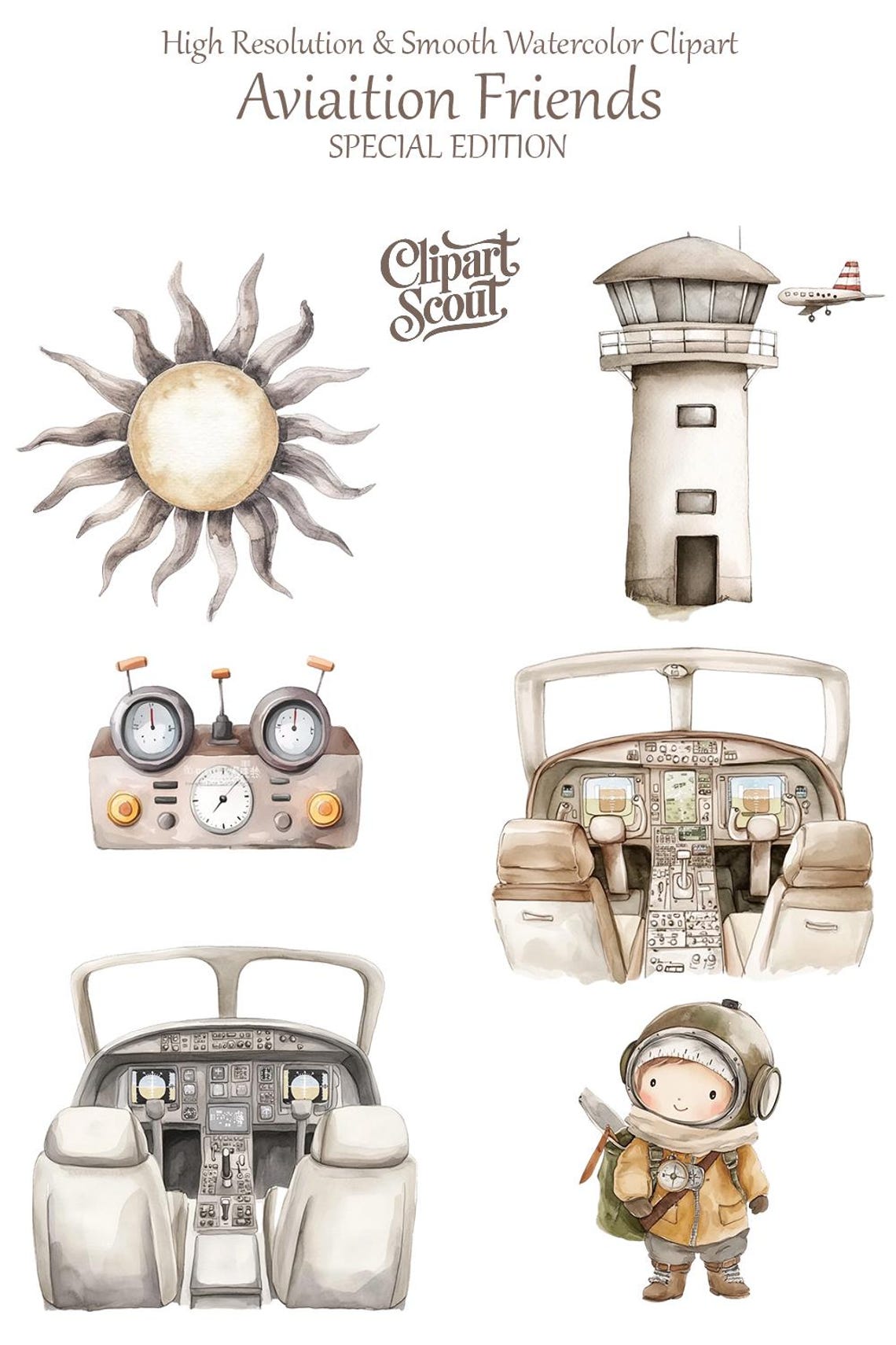 Cute Aviator Clipart - Watercolor Clipart - Airplane, Pilot, Clouds ...