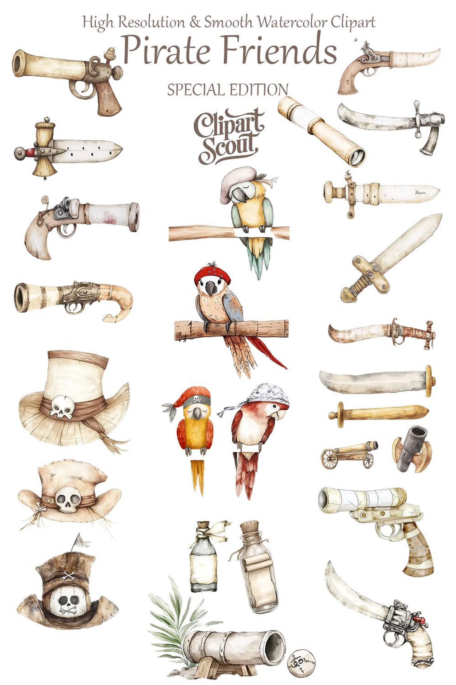 Cute Pirate Clipart Set, Watercolor Pirates Nursery Art, Pirate PNG for ...
