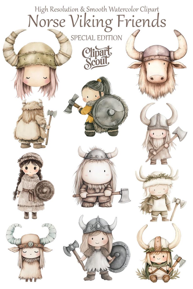 Cute Viking Clipart Norse Bundle - Cute Printable Watercolor Clipart ...