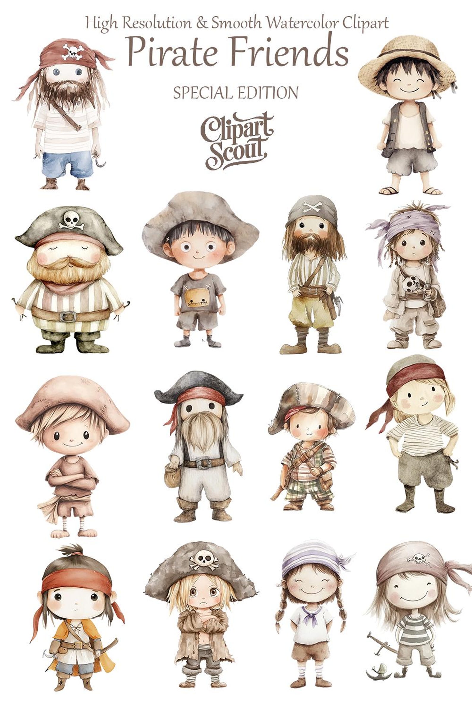 Cute Pirate Clipart Set, Watercolor Pirates Nursery Art, Pirate PNG for ...