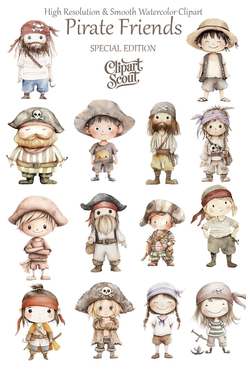 Cute Pirate Clipart Set, Watercolor Pirates Nursery Art, Pirate PNG for ...
