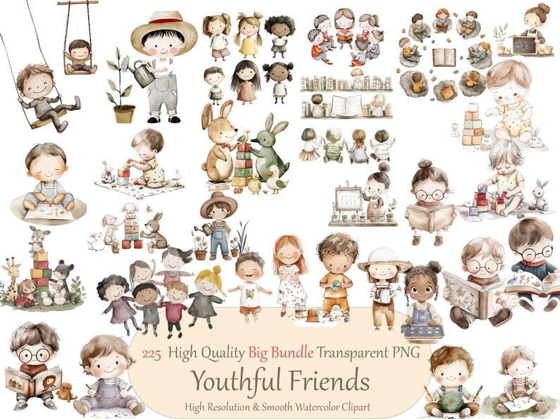 Cute Kindergarten Watercolor Clipart Set - Activities Clipart for ...