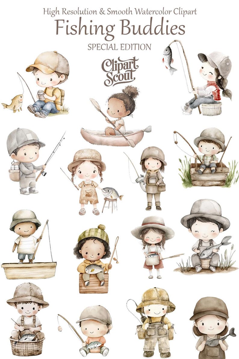 Cute Watercolor Fishing Clipart Set, Whimsical Anglers, Fish ...