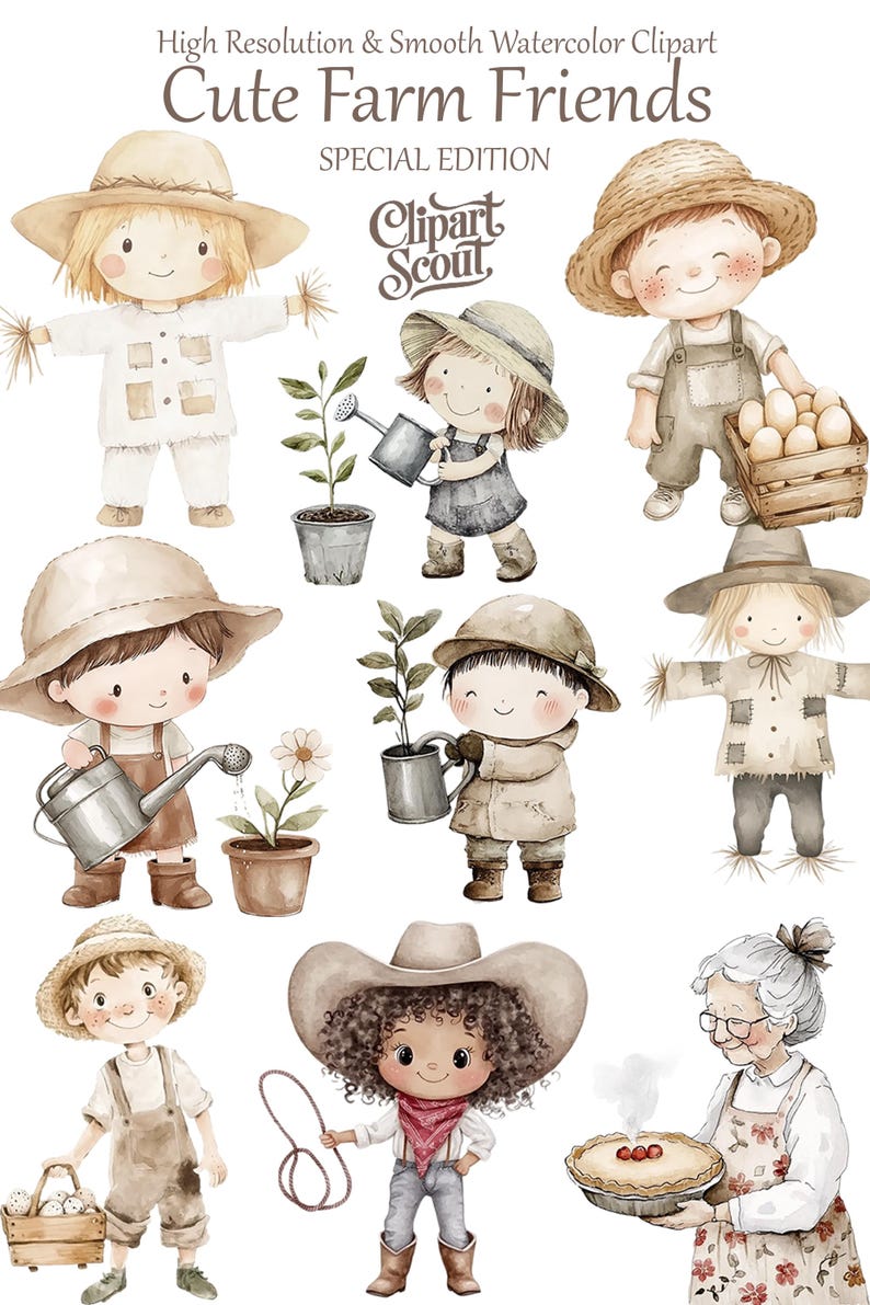 Cute Farm Clipart - Watercolor Farm Animals - Barn Clipart - Farmer ...