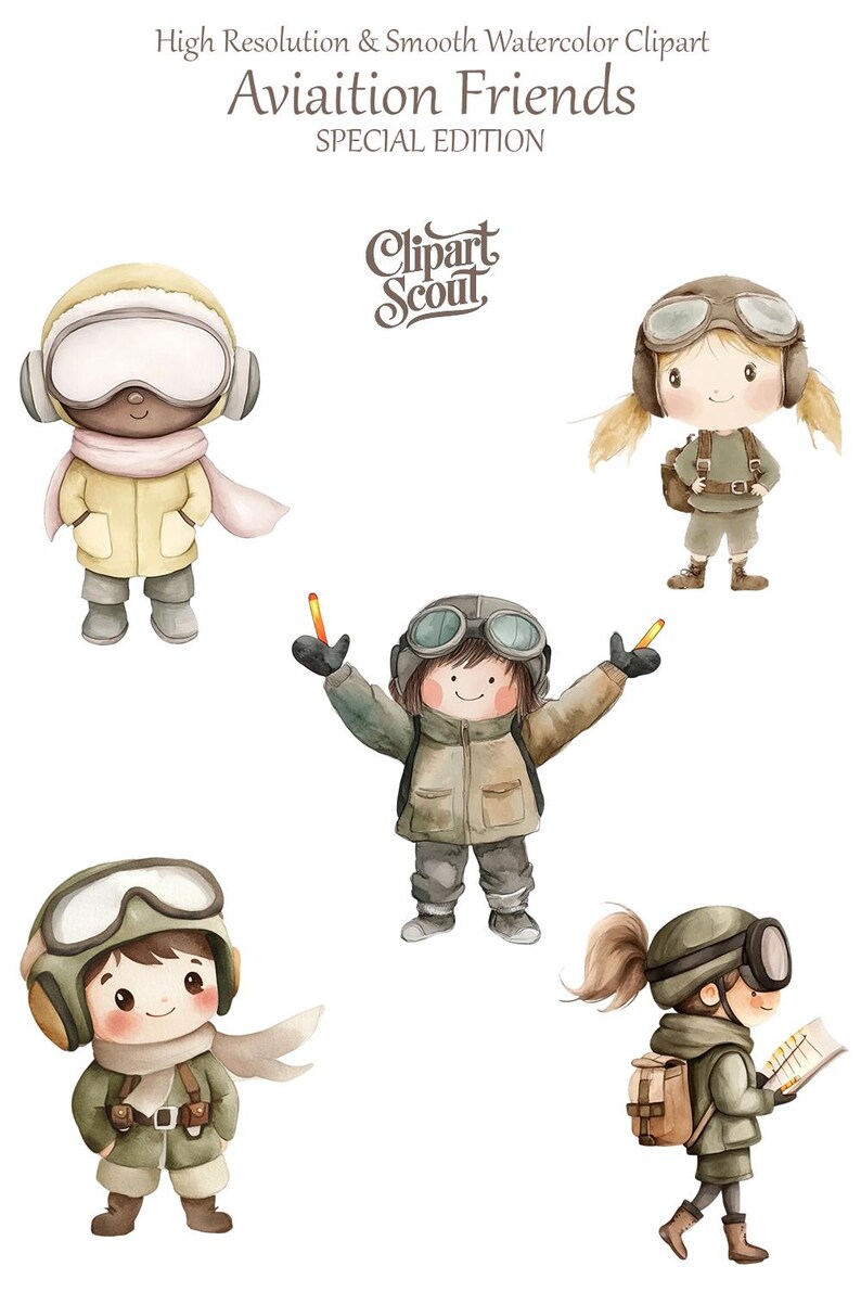 Cute Aviator Clipart - Watercolor Clipart - Airplane, Pilot, Clouds ...