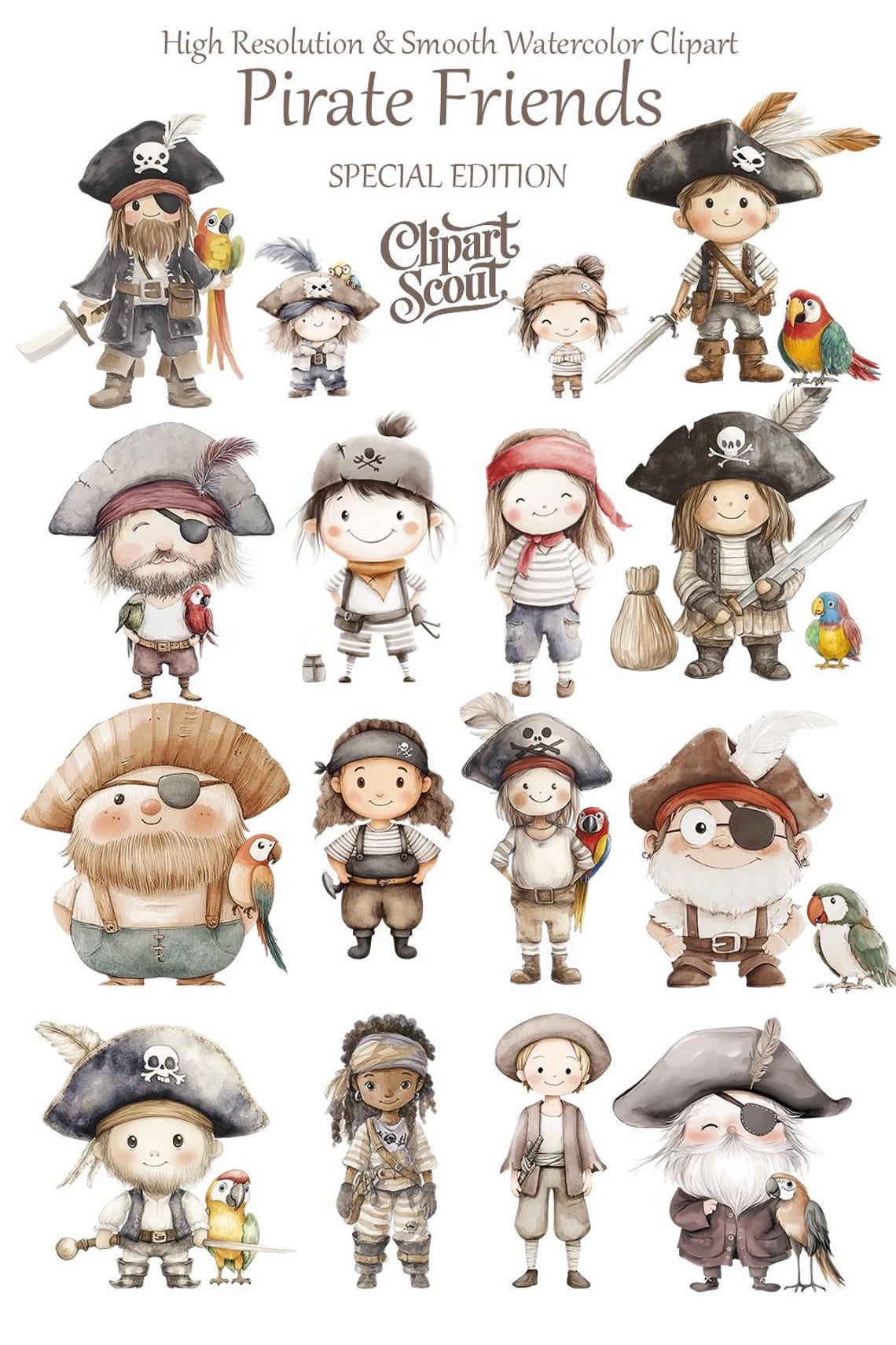 Cute Pirate Clipart Set, Watercolor Pirates Nursery Art, Pirate PNG for ...