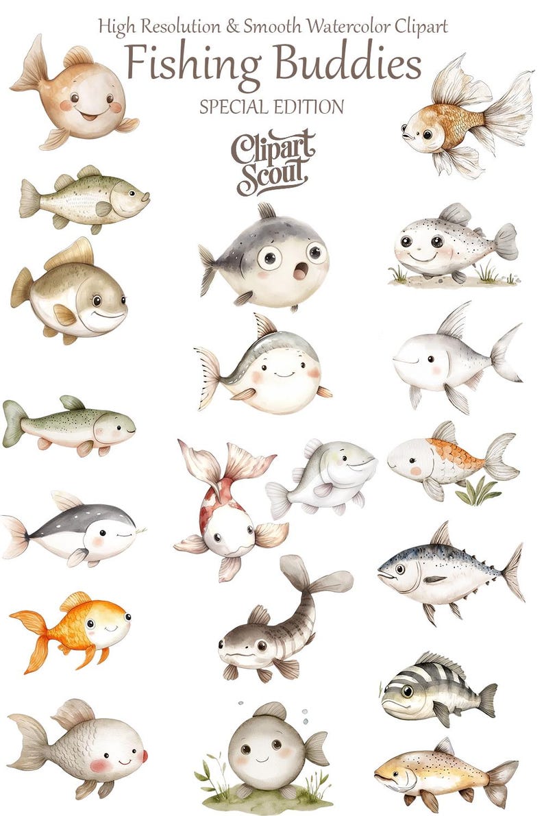 Cute Watercolor Fishing Clipart Set, Whimsical Anglers, Fish ...