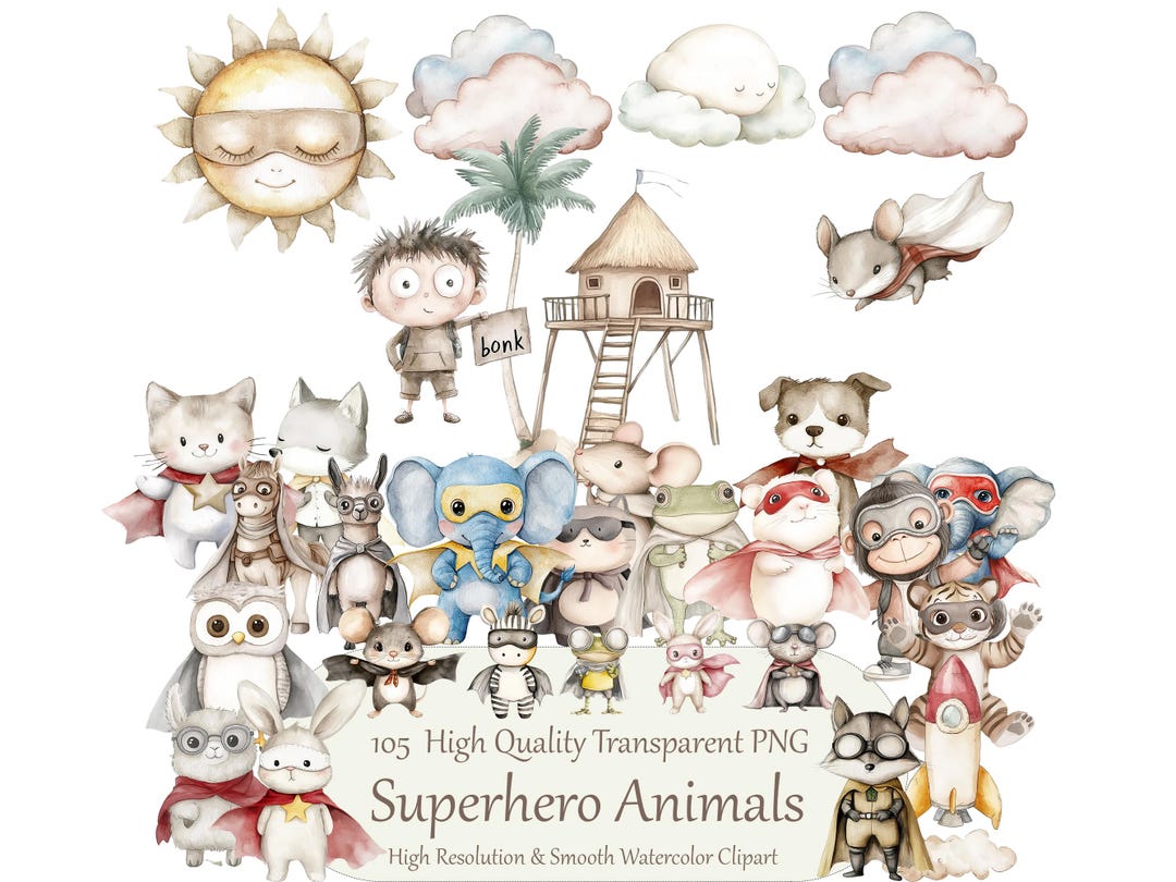 Cute Superhero Animals Clipart - Watercolor Clipart - Hamster, Frog ...