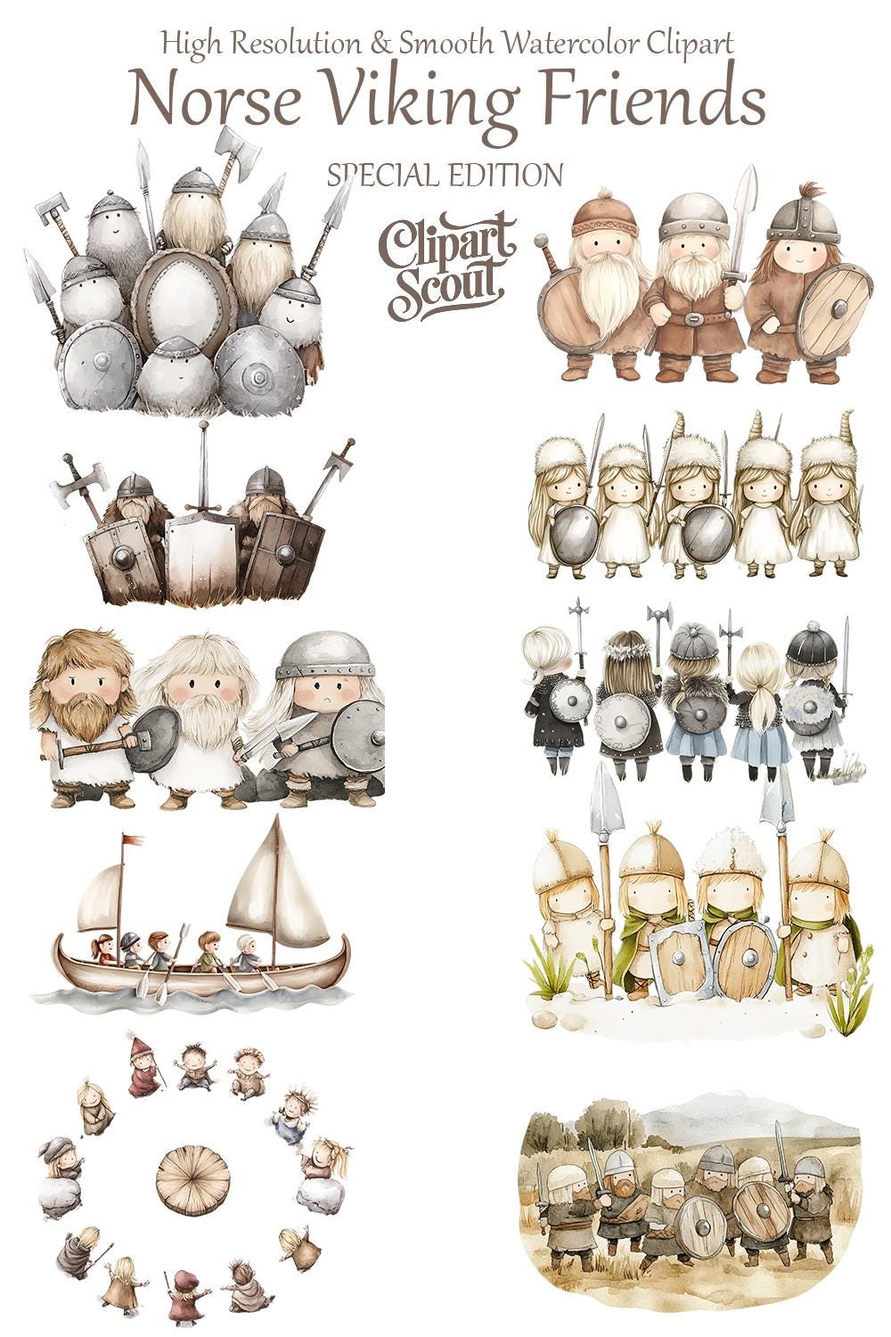 Cute Viking Clipart Norse Bundle - Cute Printable Watercolor Clipart ...