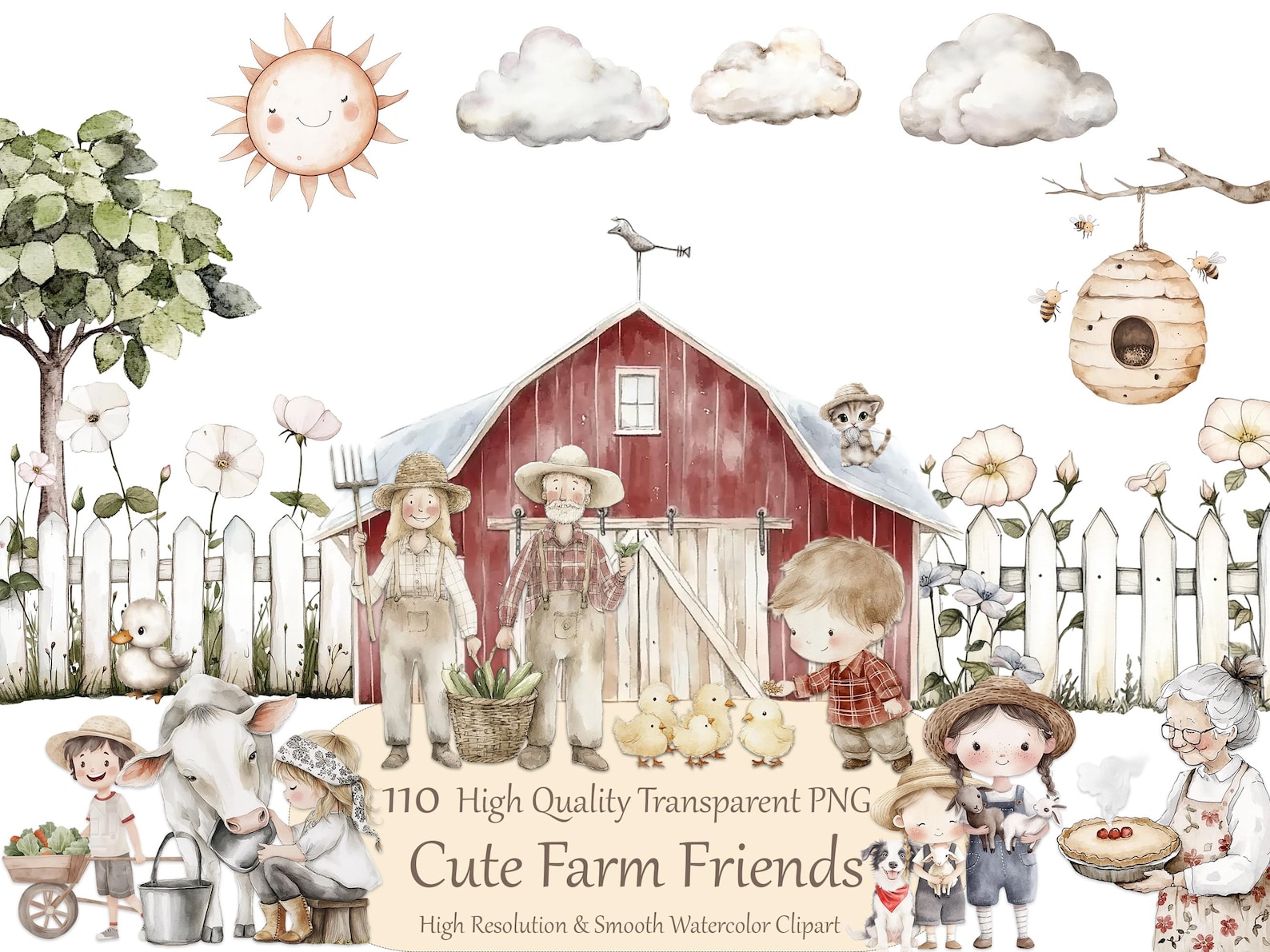 Cute Farm Clipart - Watercolor Farm Animals - Barn Clipart - Farmer ...