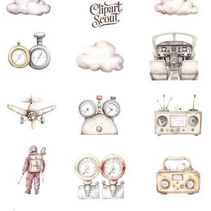 Cute Aviator Clipart - Watercolor Clipart - Airplane, Pilot, Clouds ...