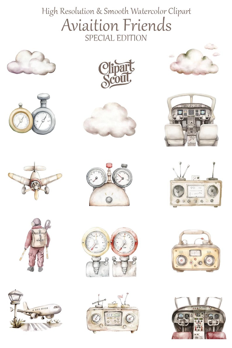 Cute Aviator Clipart - Watercolor Clipart - Airplane, Pilot, Clouds ...
