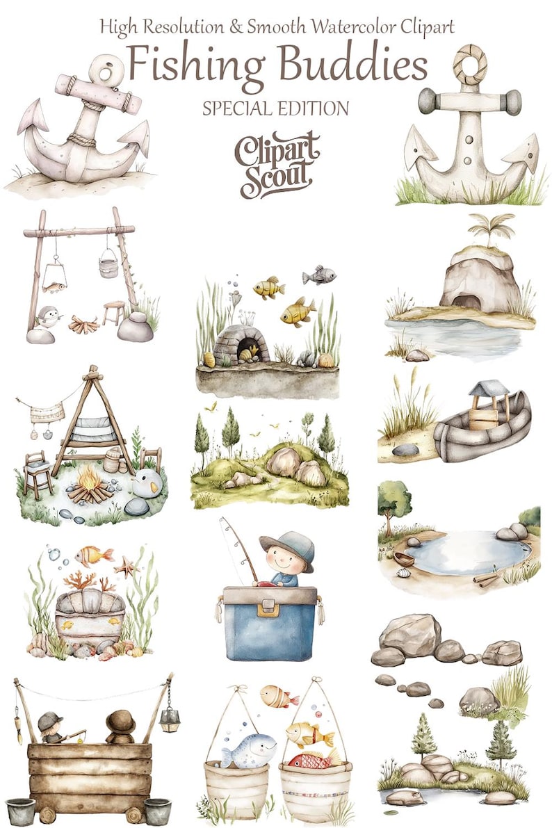 Cute Watercolor Fishing Clipart Set, Whimsical Anglers, Fish ...