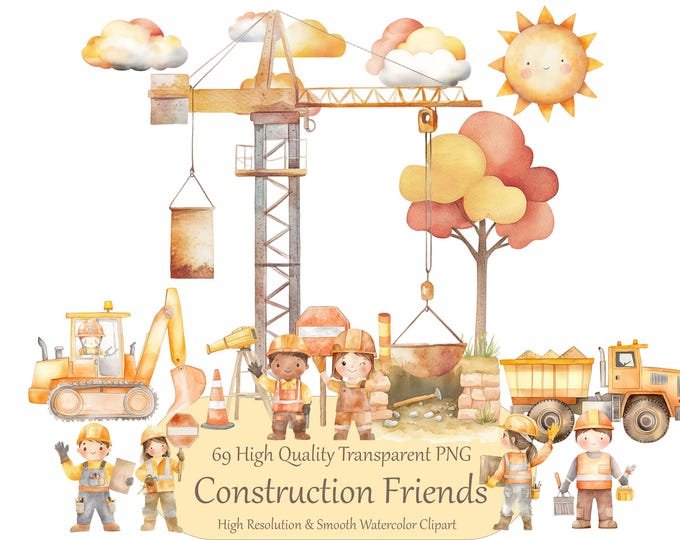 Watercolor Construction Clipart Bundle, Kids Birthday Decor PNG Set ...