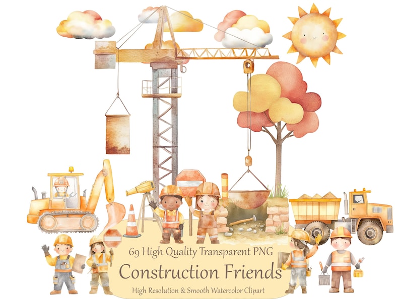 Construction Watercolor Clipart, Cute Construction Vehicle for Kids ...