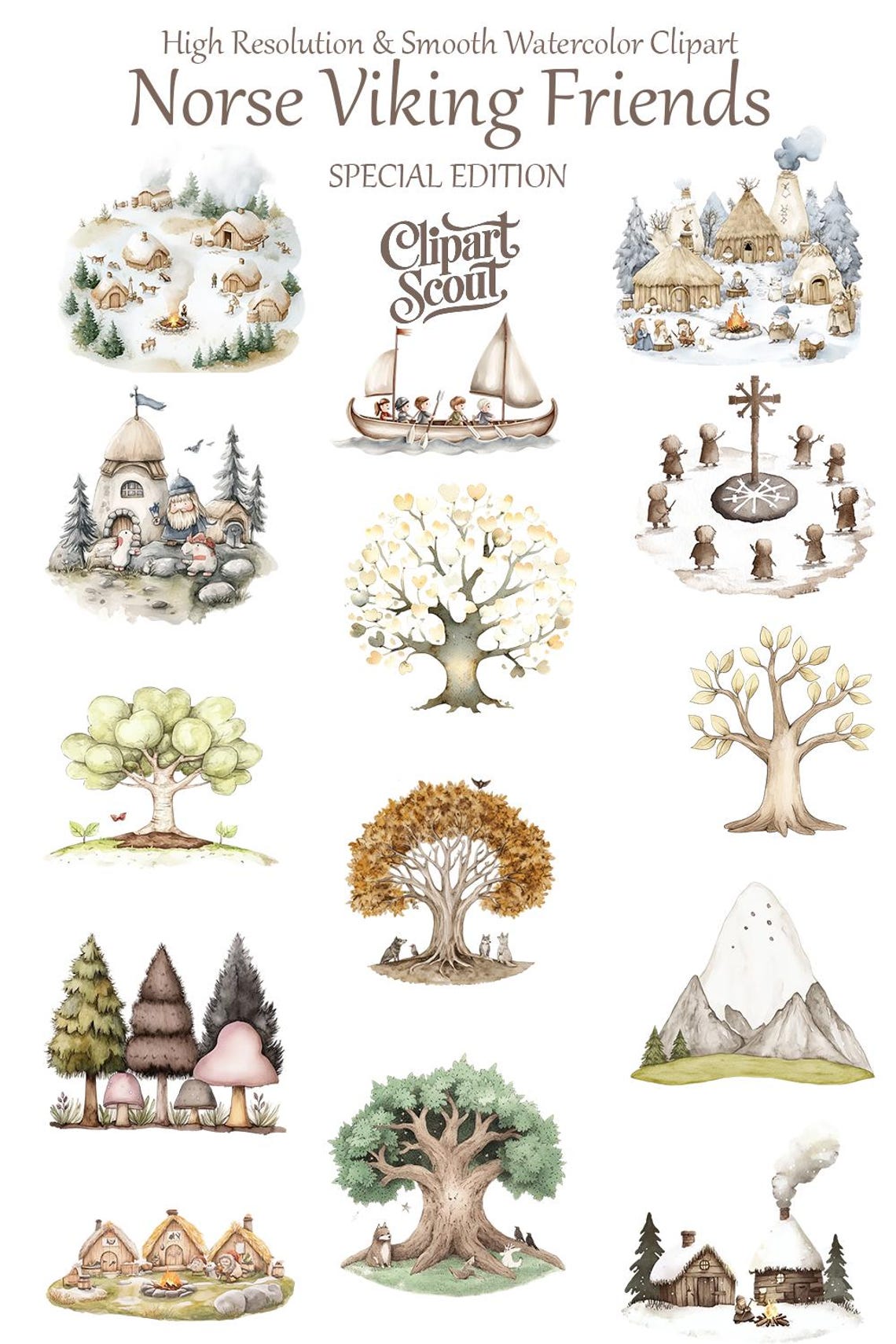 Cute Viking Clipart Norse Bundle - Cute Printable Watercolor Clipart ...