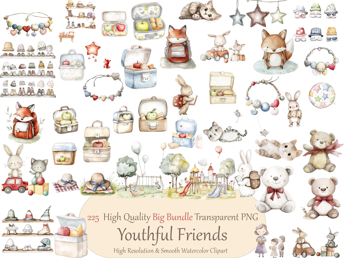 Cute Kindergarten Watercolor Clipart Set - Activities Clipart for ...