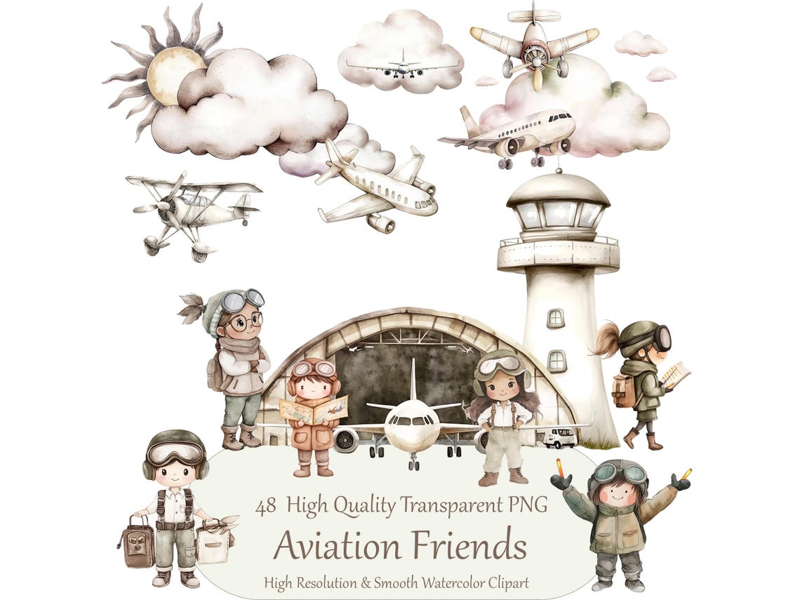 Cute Aviator Clipart - Watercolor Clipart - Airplane, Pilot, Clouds ...