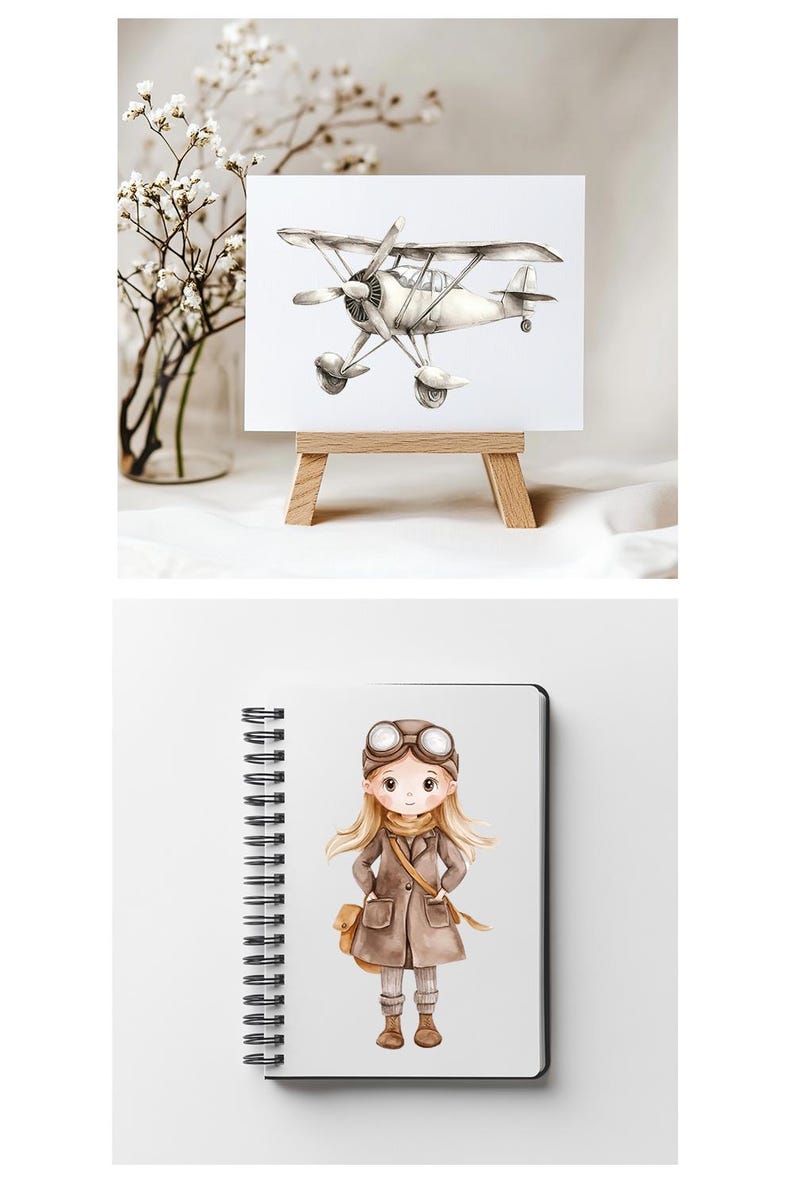 Cute Aviator Clipart - Watercolor Clipart - Airplane, Pilot, Clouds ...