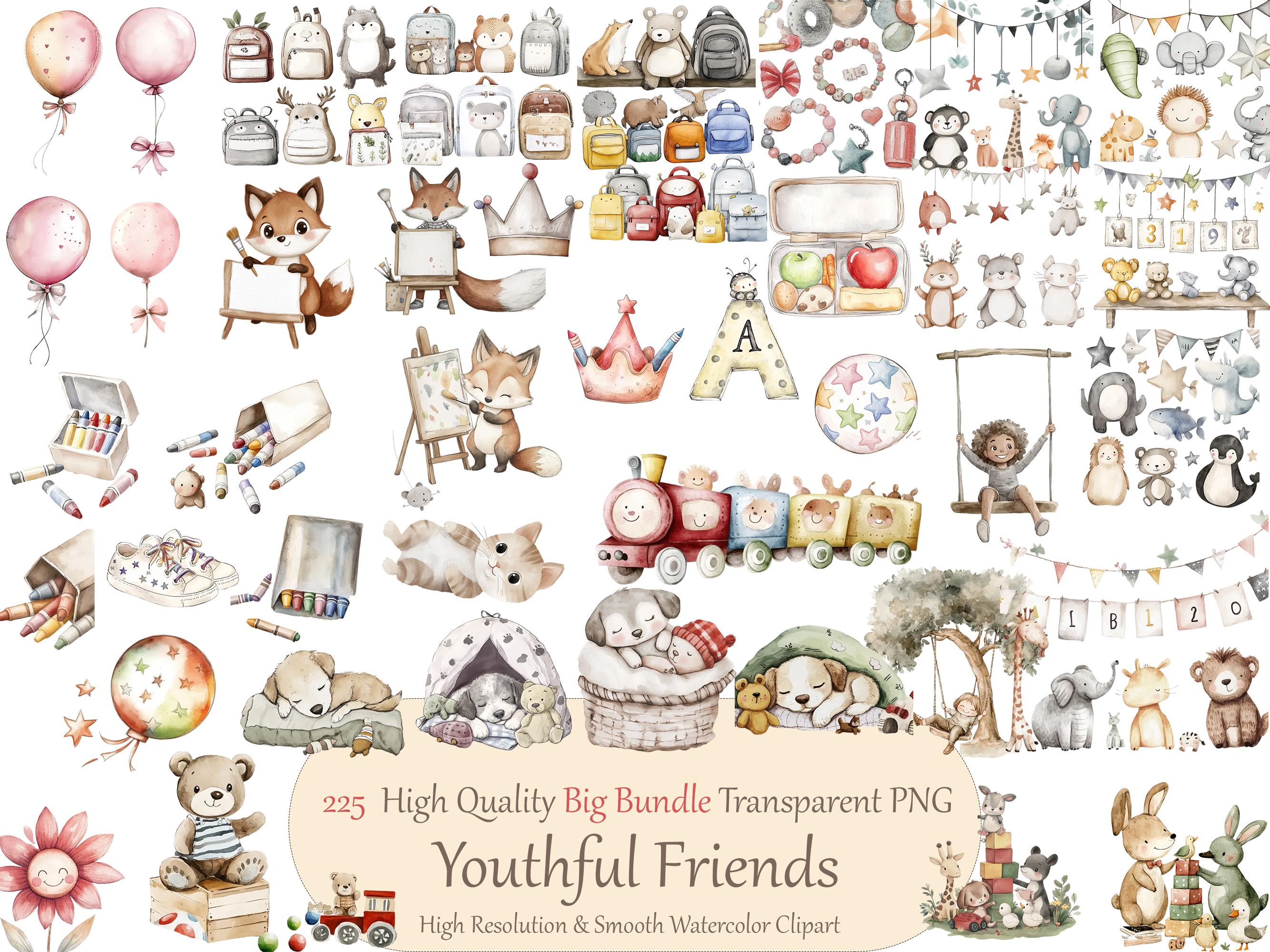 Cute Kindergarten Watercolor Clipart Set - Activities Clipart for ...