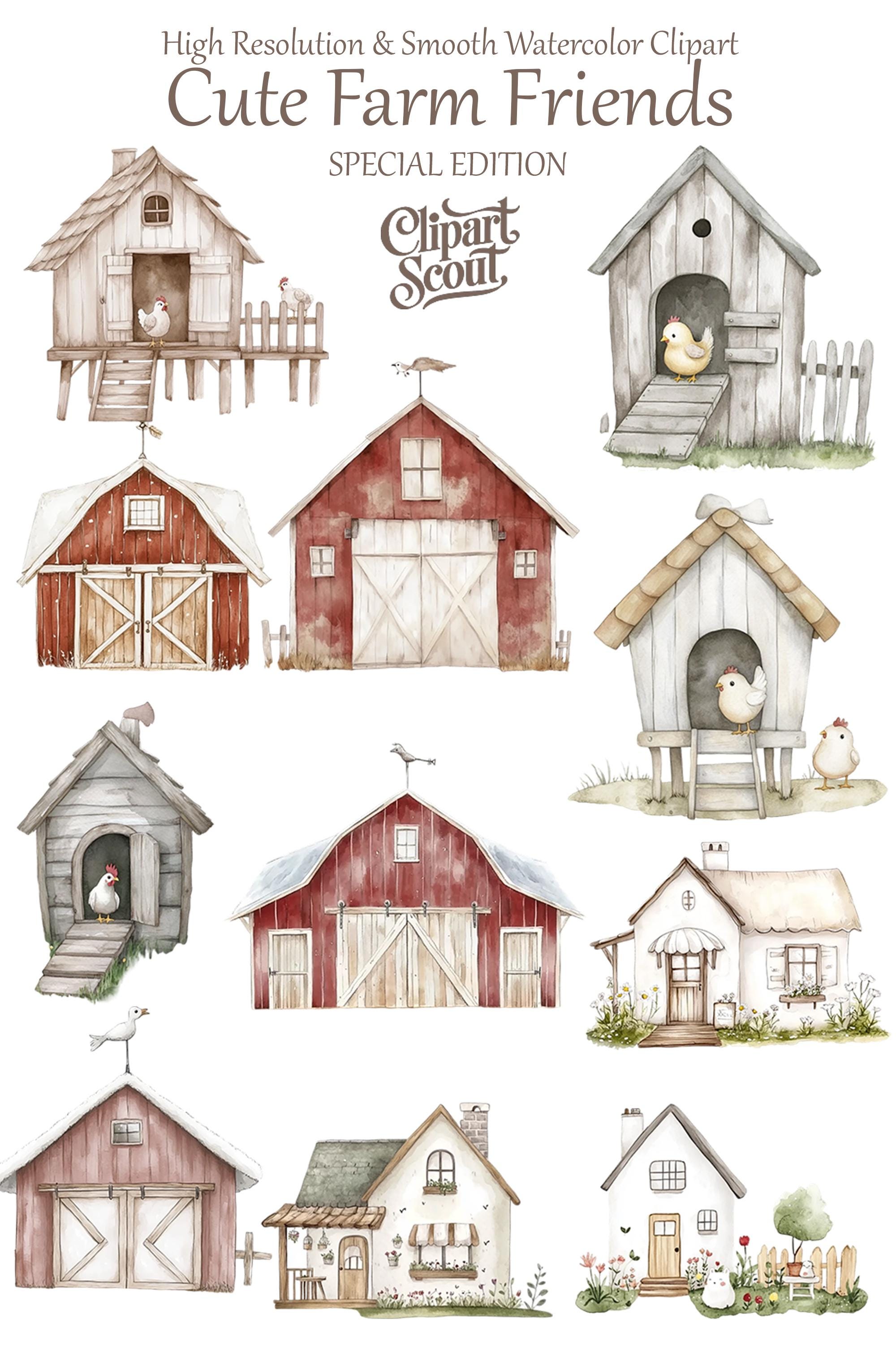 Cute Farm Clipart - Watercolor Farm Animals - Barn Clipart - Farmer ...