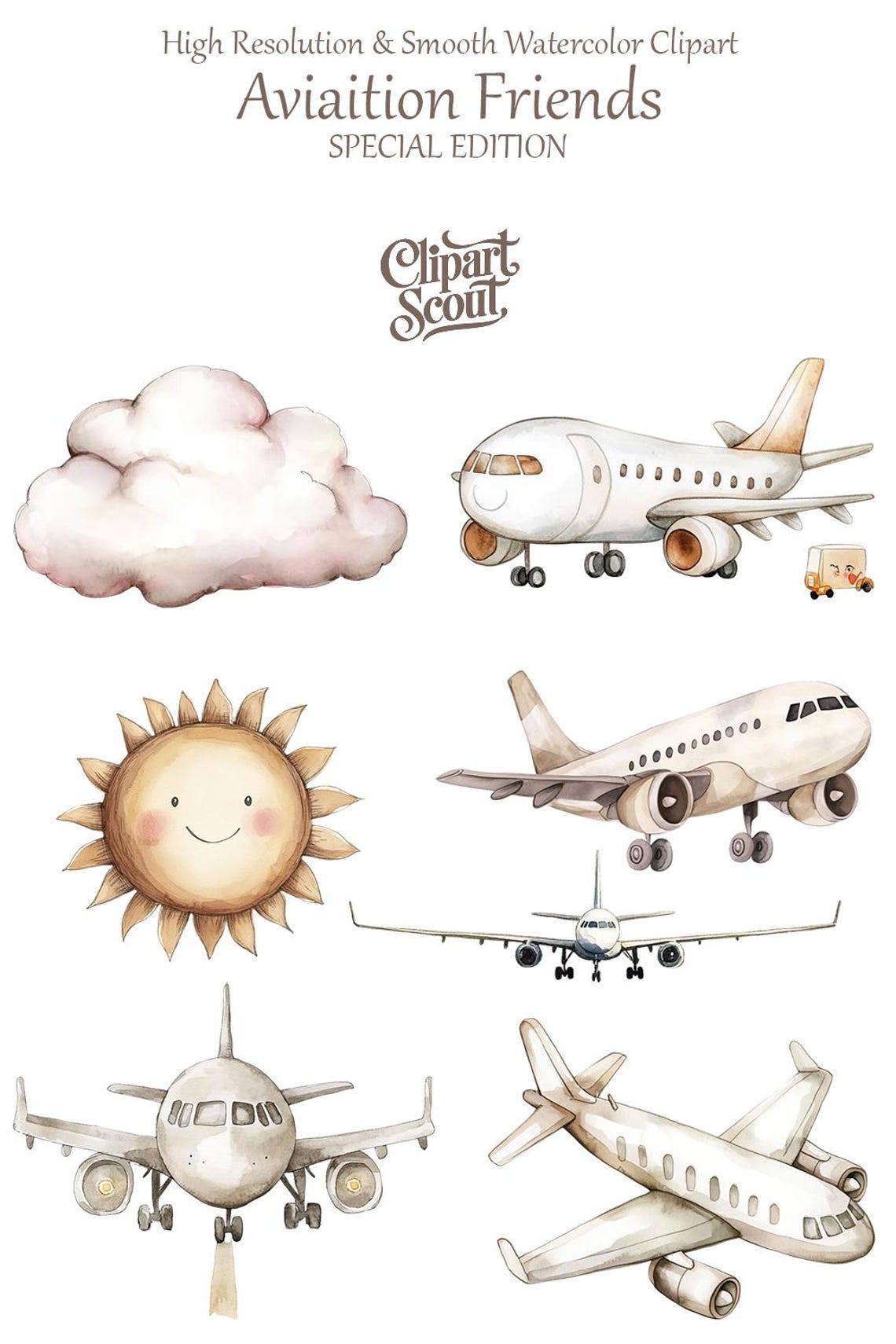 Cute Aviator Clipart - Watercolor Clipart - Airplane, Pilot, Clouds ...