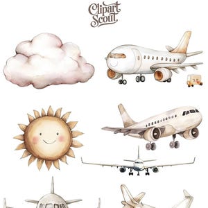 Cute Aviator Clipart - Watercolor Clipart - Airplane, Pilot, Clouds ...