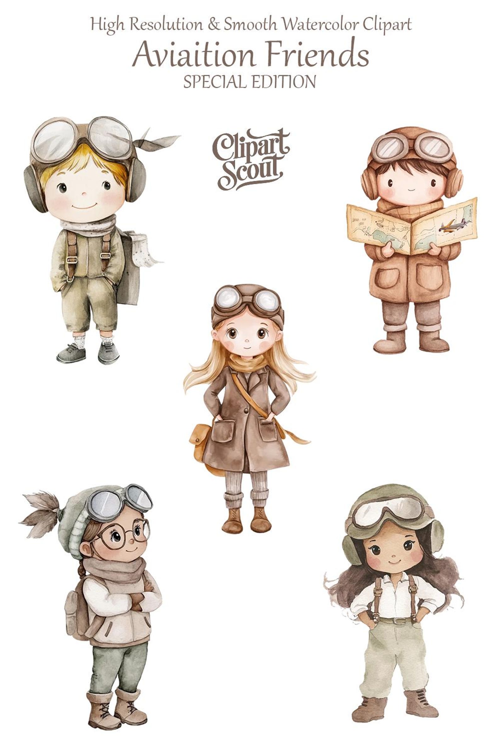 Cute Aviator Clipart - Watercolor Clipart - Airplane, Pilot, Clouds ...