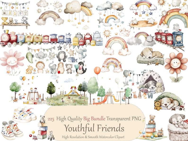 Cute Kindergarten Watercolor Clipart Set - Activities Clipart for ...