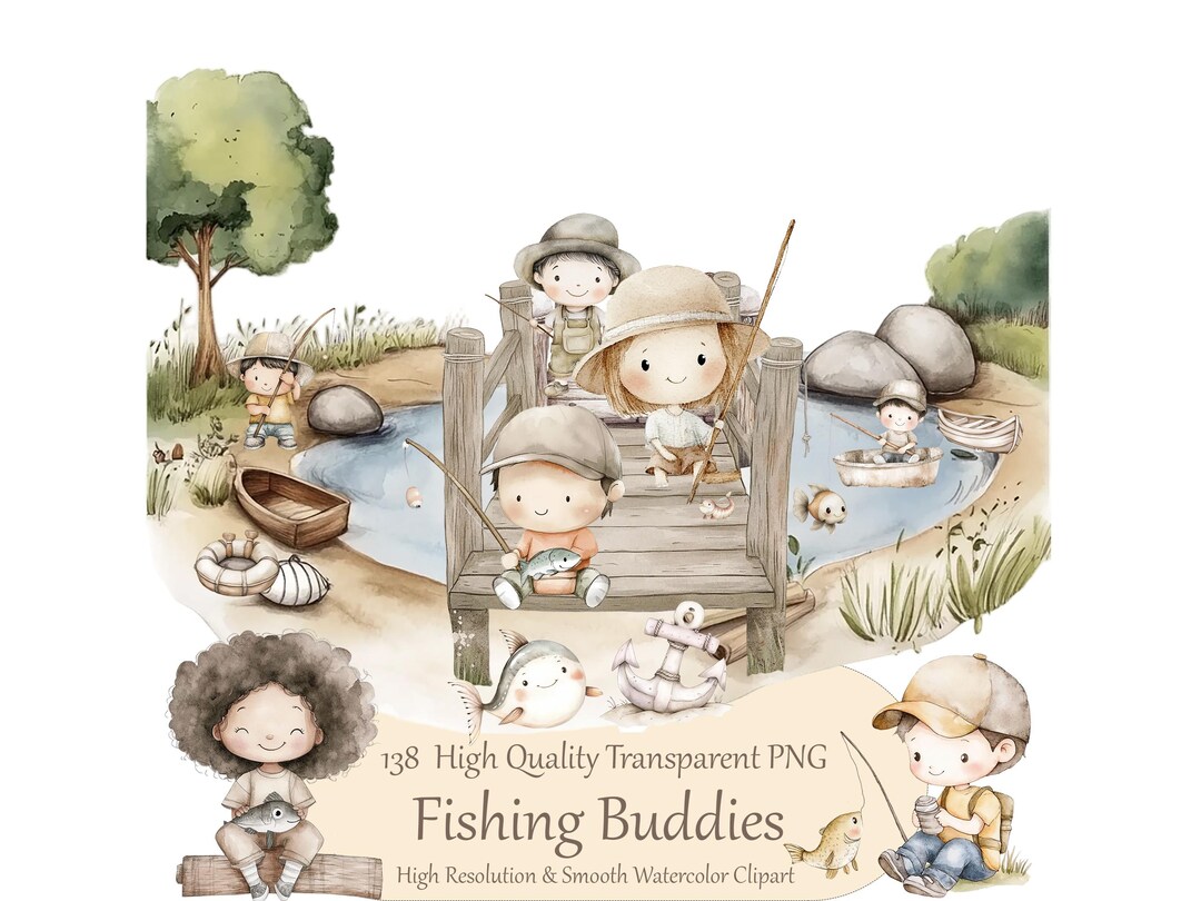 Watercolor Fishing Clipart Bundle, Angler Fisherman PNG Set, Lake Fish ...