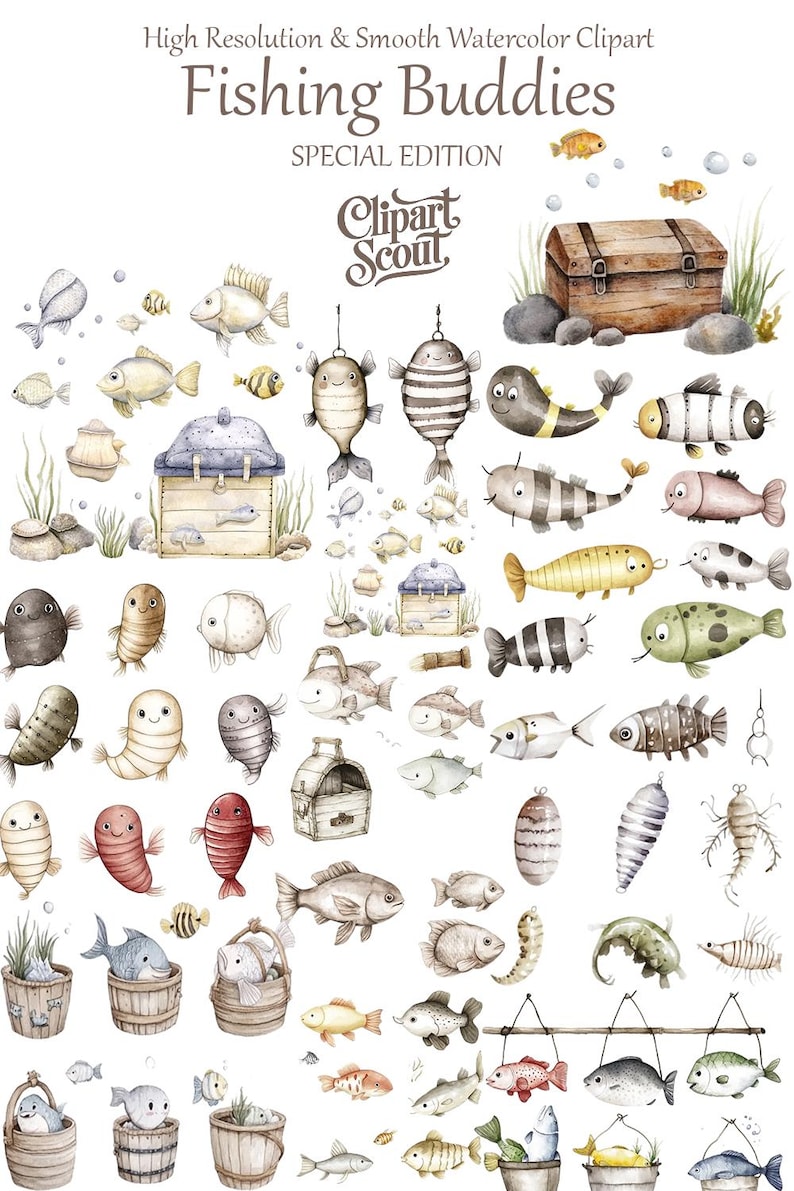 Cute Watercolor Fishing Clipart Set, Whimsical Anglers, Fish ...