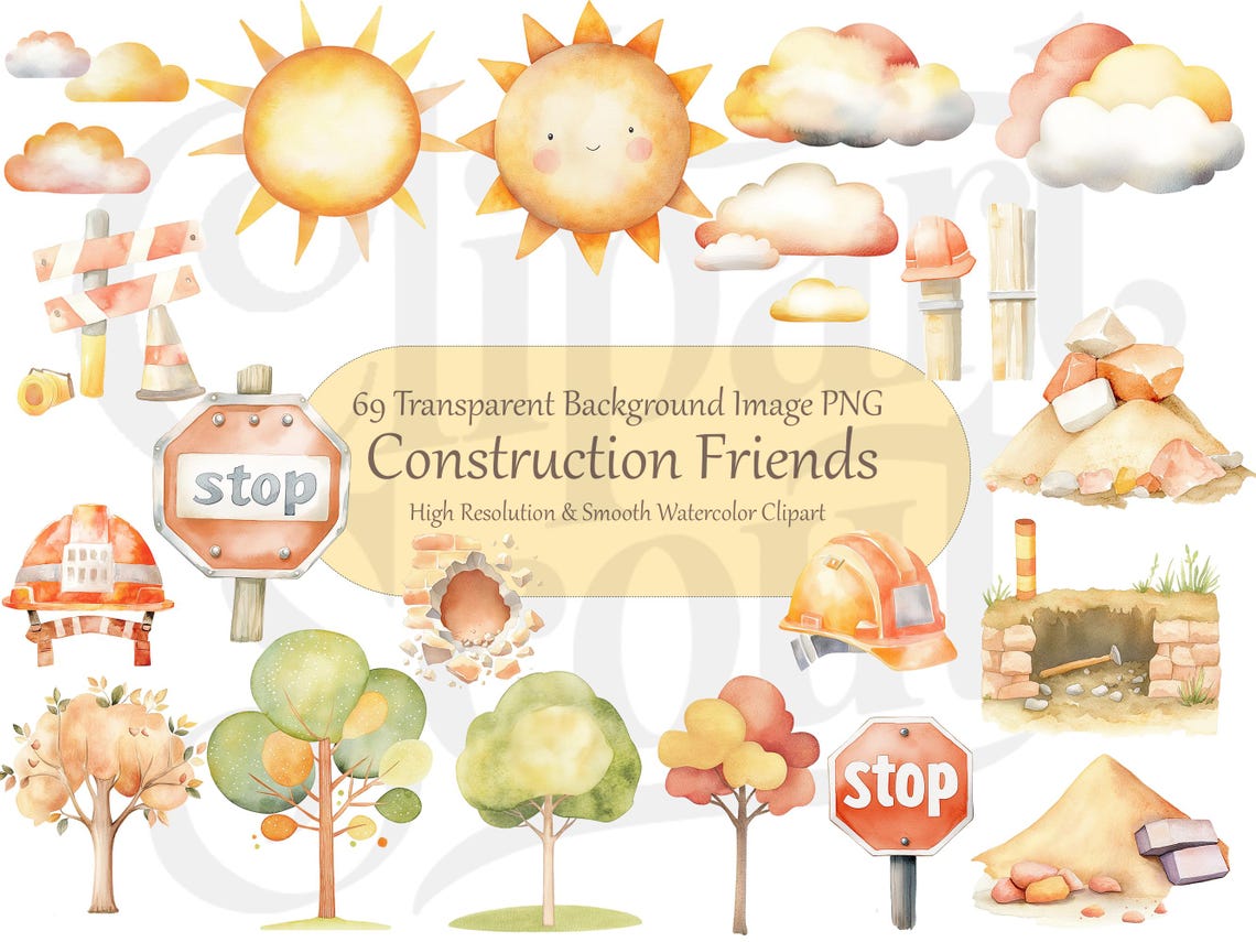 Watercolor Construction Clipart Bundle, Kids Birthday Decor PNG Set ...