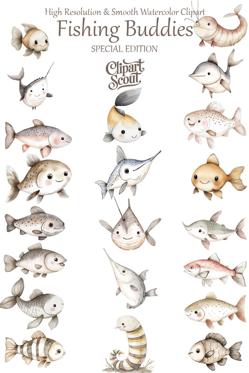 Cute Watercolor Fishing Clipart Set, Whimsical Anglers, Fish ...