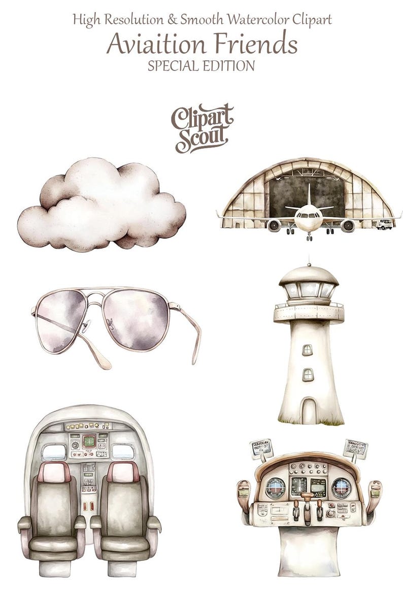 Cute Aviator Clipart - Watercolor Clipart - Airplane, Pilot, Clouds ...