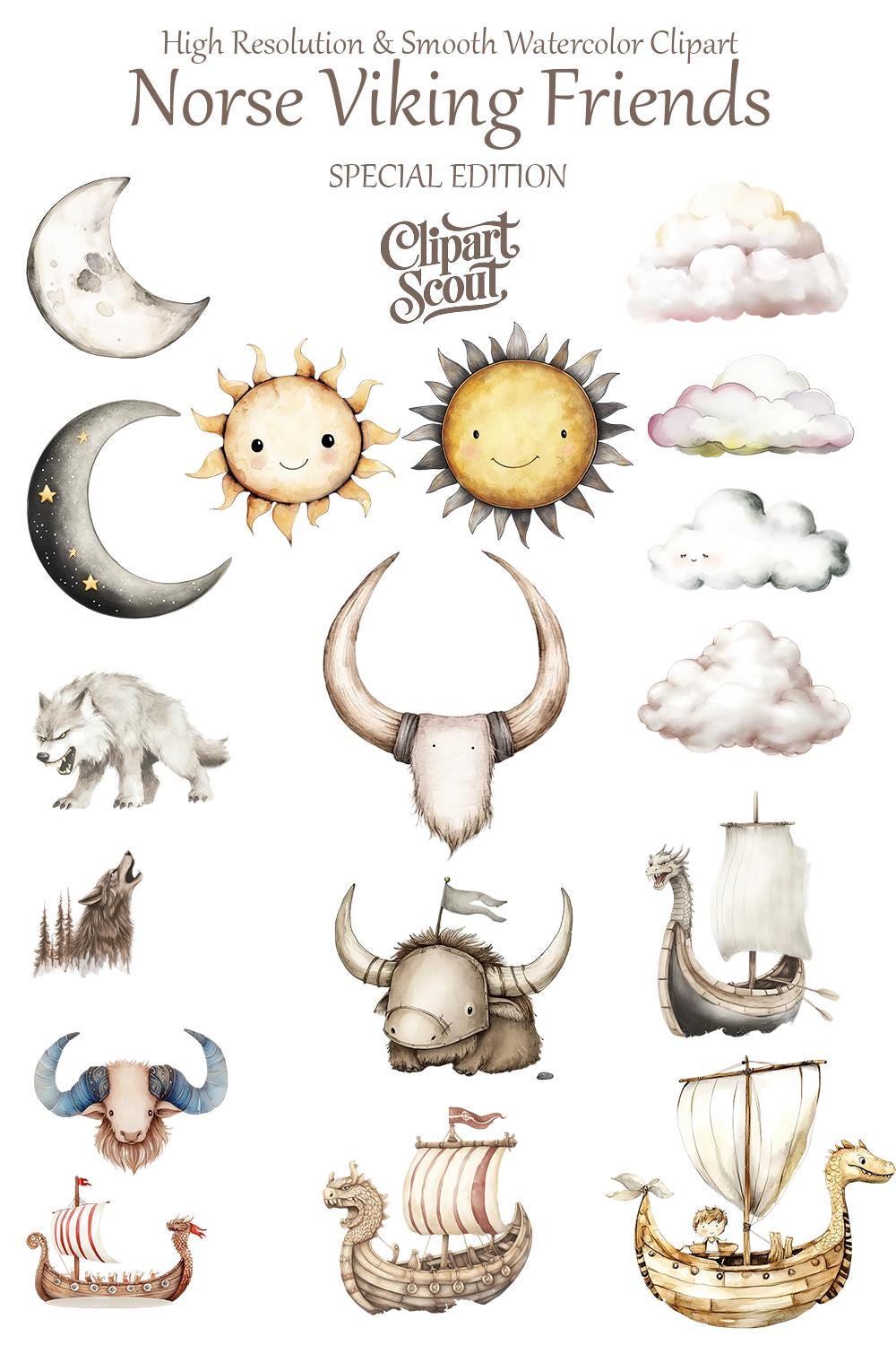 Cute Viking Clipart Norse Bundle - Cute Printable Watercolor Clipart ...