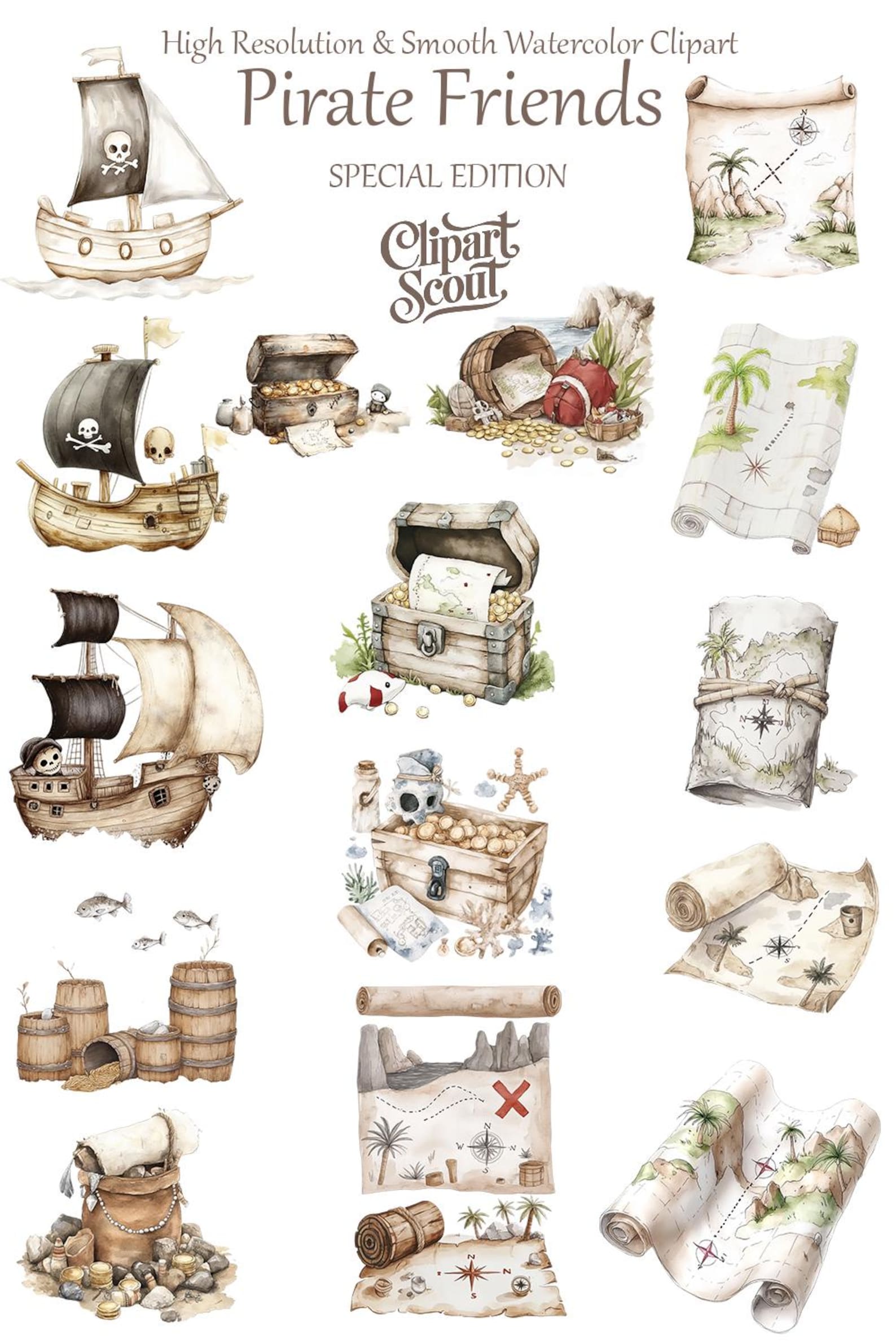 Cute Pirate Clipart Set, Watercolor Pirates Nursery Art, Pirate PNG for ...