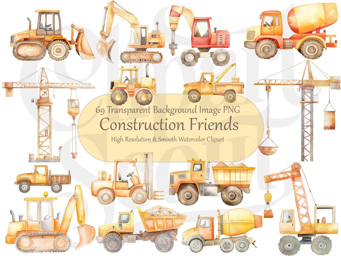 Watercolor Construction Clipart Bundle, Kids Birthday Decor PNG Set ...