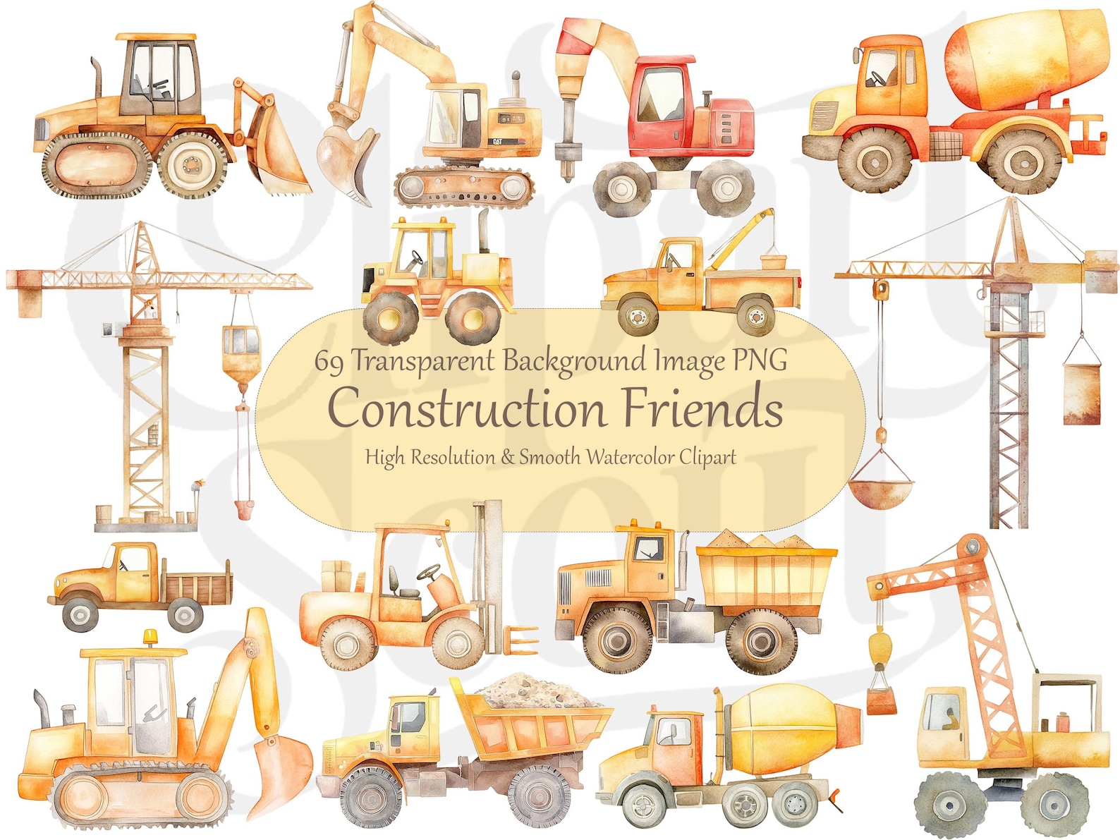 Watercolor Construction Clipart Bundle, Kids Birthday Decor PNG Set ...