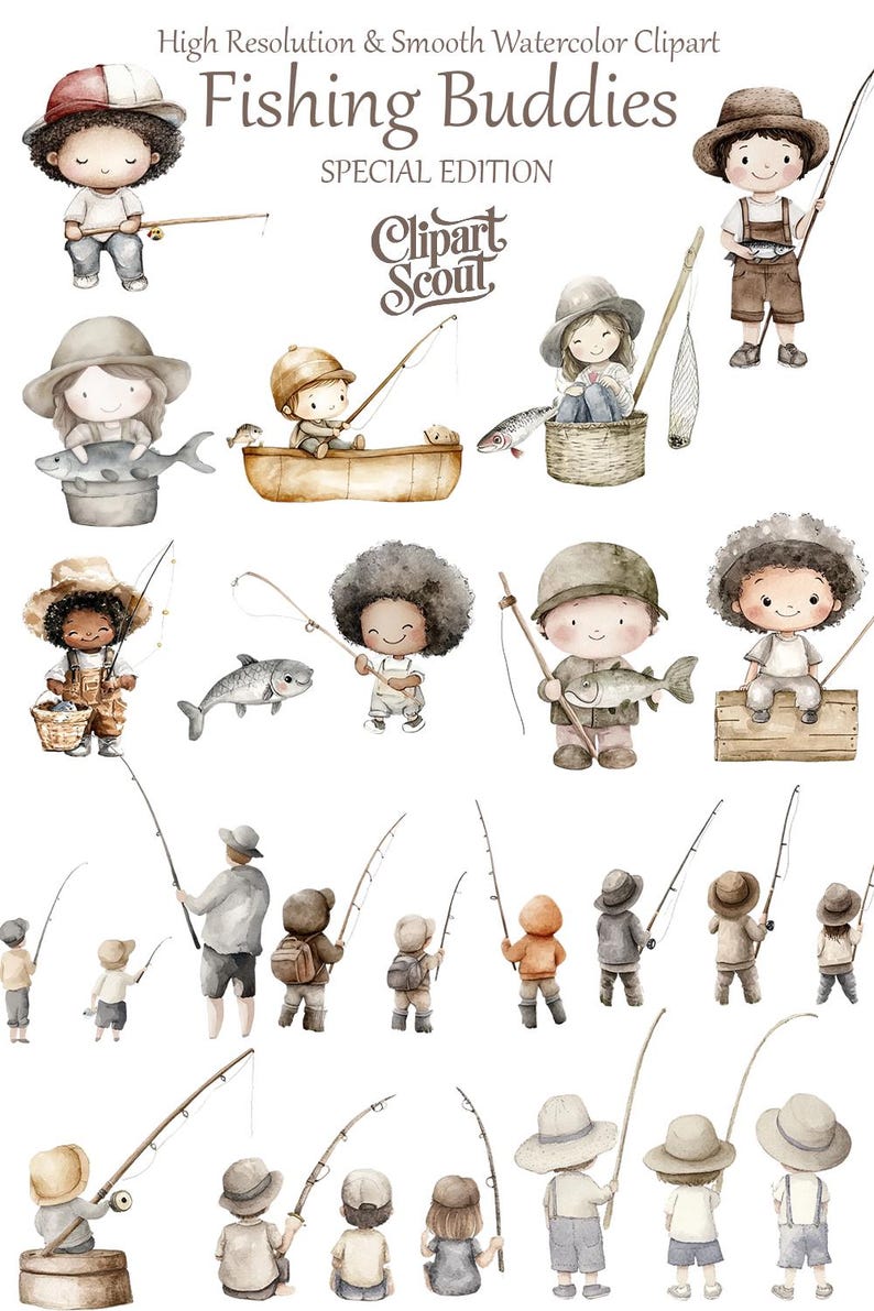 Cute Watercolor Fishing Clipart Set, Whimsical Anglers, Fish ...